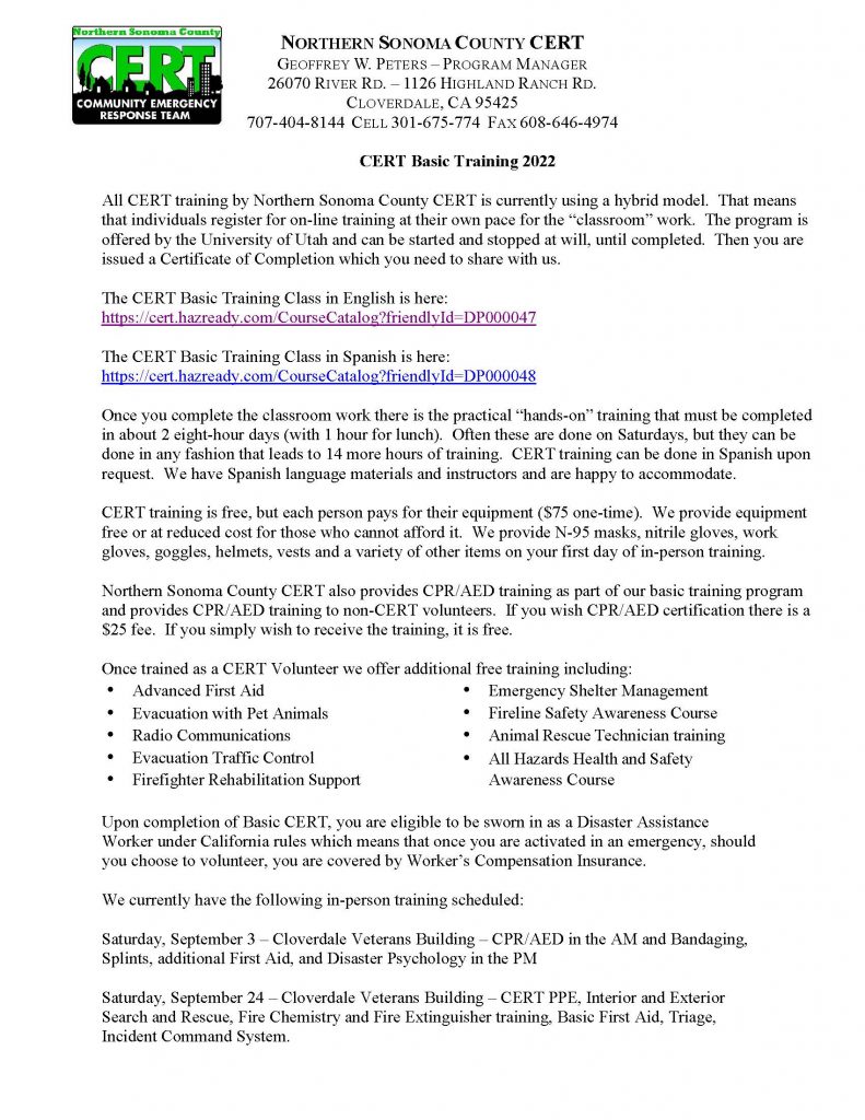 CERT Basic Training 2022 - Sonoma County Emergency and Preparedness ...