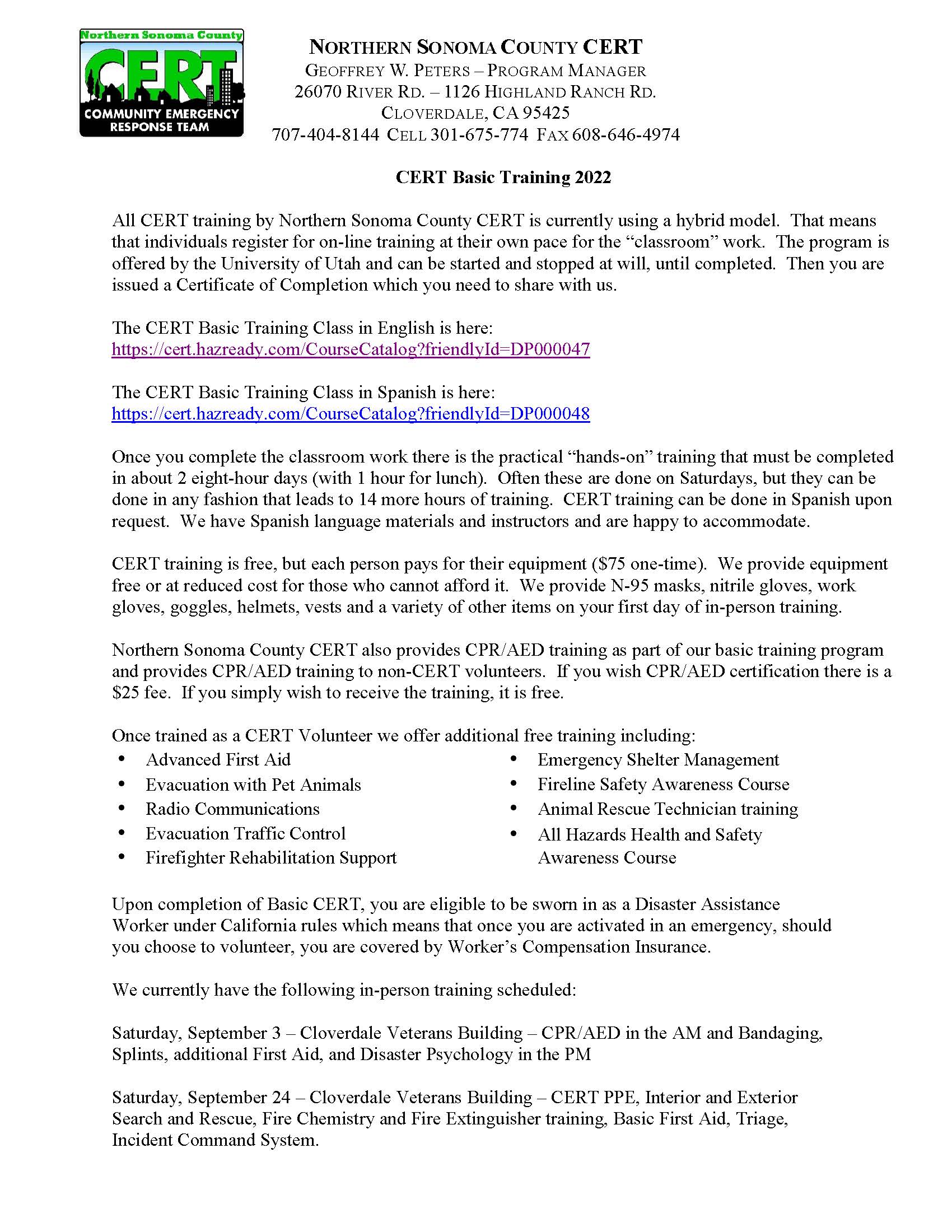 CERT Basic Training 2022 - Sonoma County Emergency and Preparedness ...